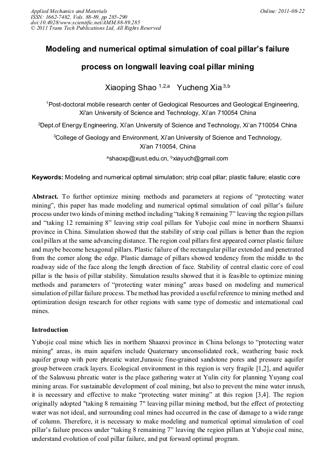 Modeling and Numerical Optimal Simulation of Coal Pillar’s Failure ...
