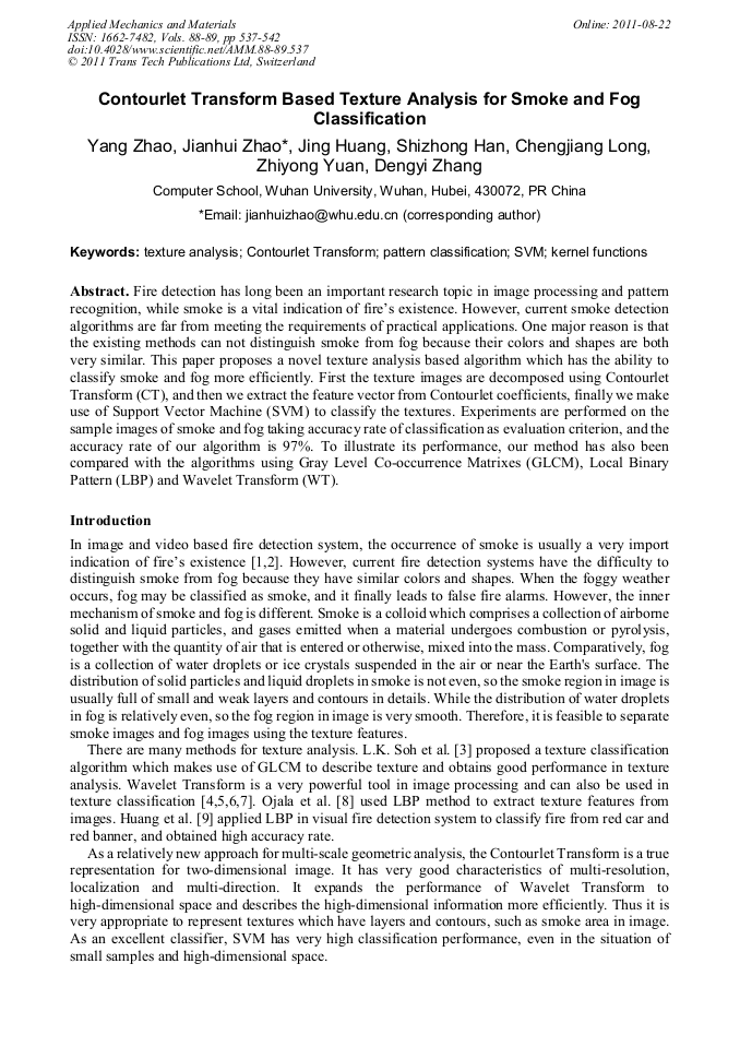 Contourlet Transform Based Texture Analysis for Smoke and Fog Classification | Scientific.Net
