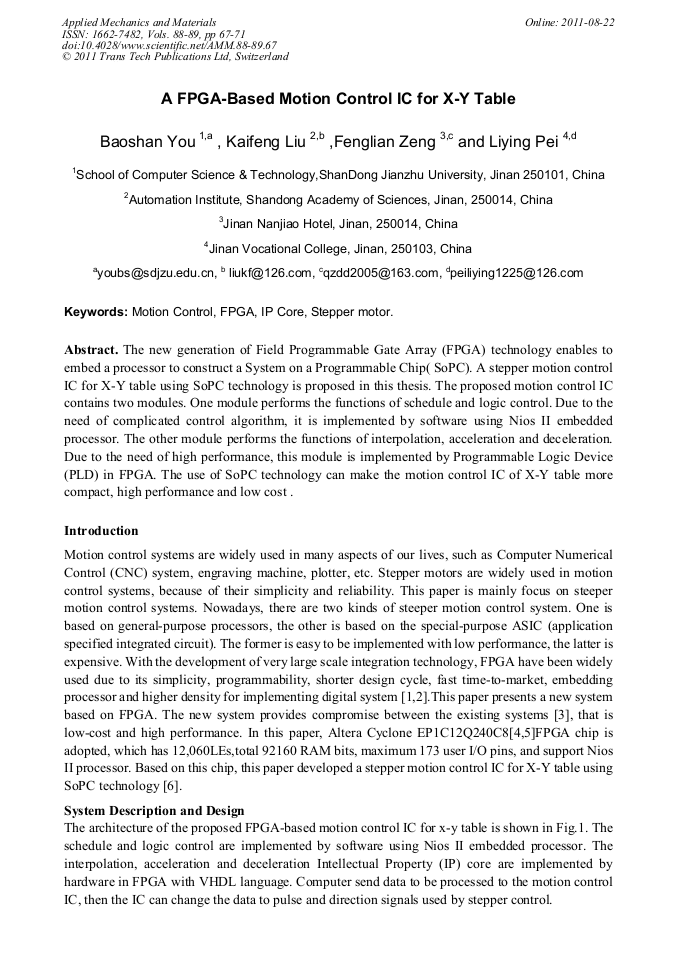 A FPGA-Based Motion Control IC for X-Y Table | Scientific.Net