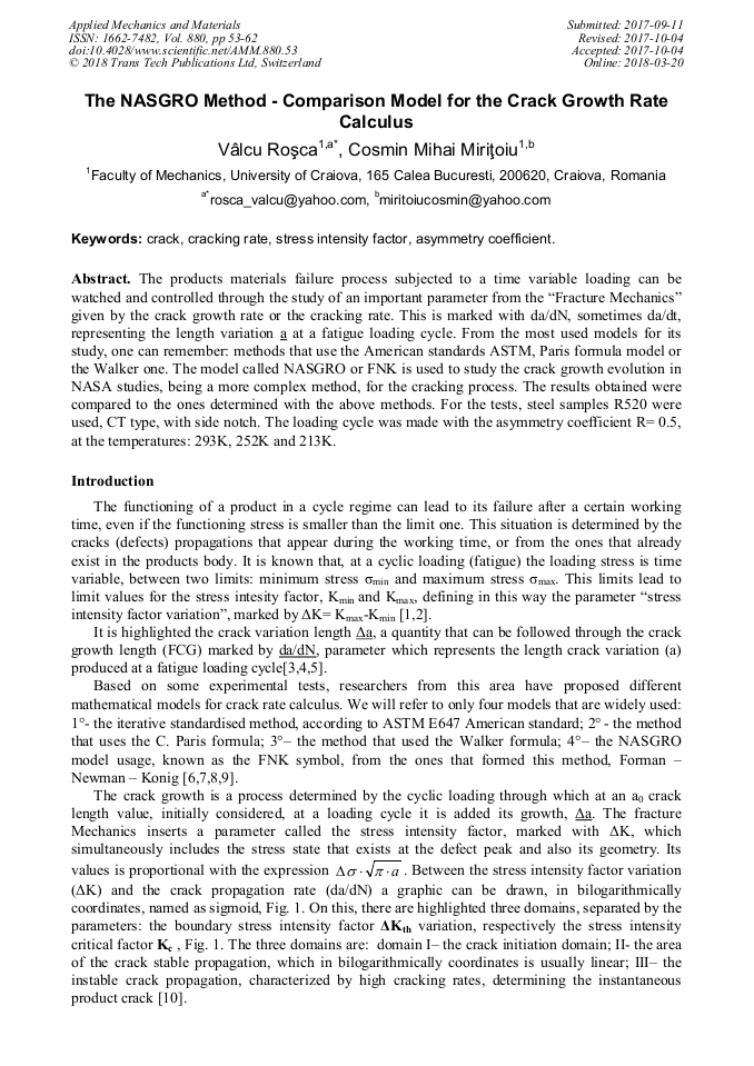 The NASGRO Method - Comparison Model for the Crack Growth Rate Calculus ...