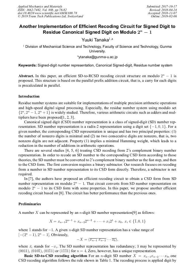 Another Implementation Of Efficient Recoding Circuit For Signed Digit To Residue Canonical