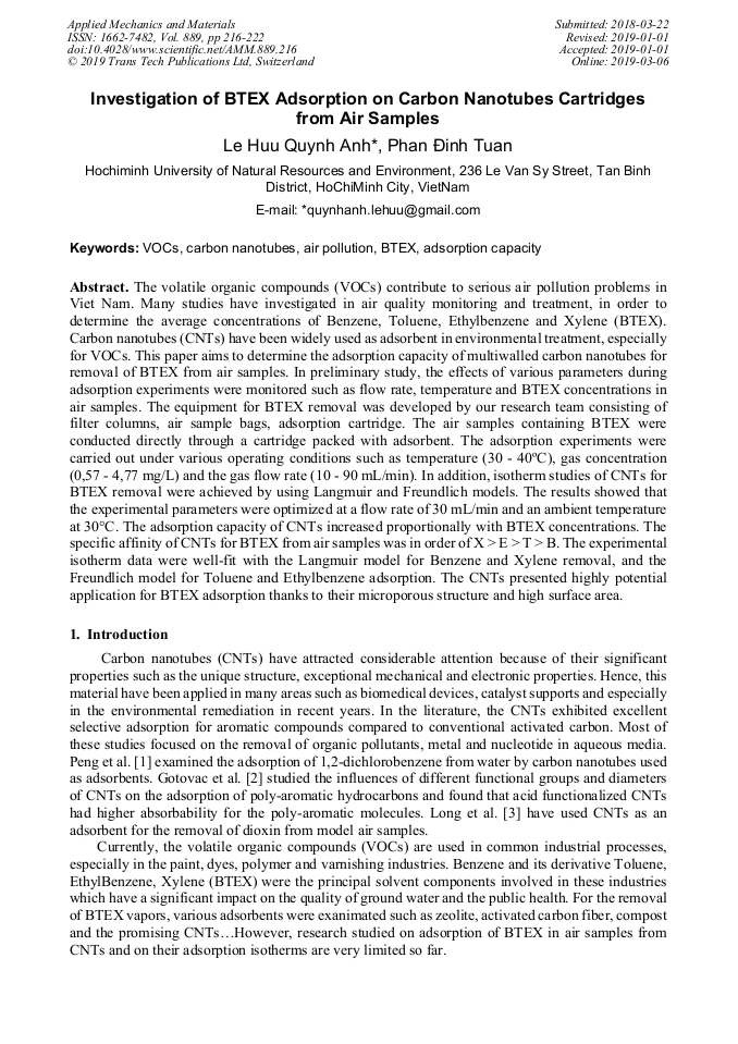 Investigation of BTEX Adsorption on Carbon Nanotubes Cartridges from ...