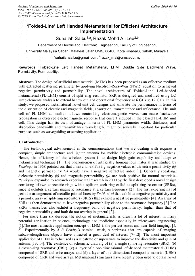 ‘Folded-Line’ Left Handed Metamaterial for Efficient Architecture ...