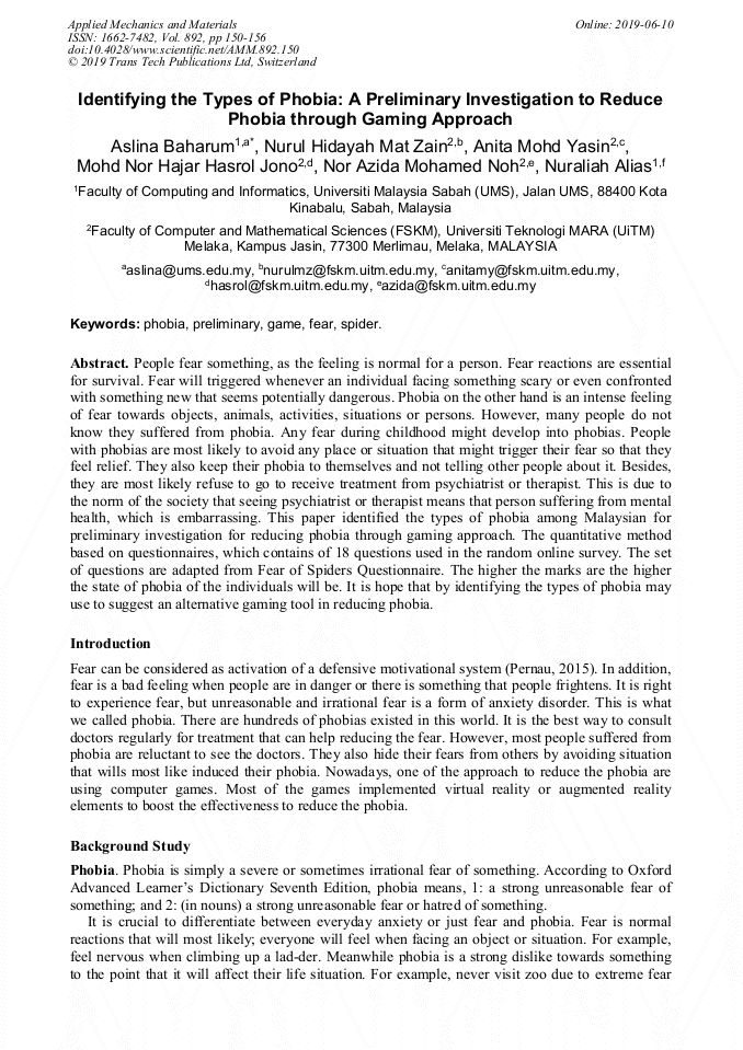 Identifying the Types of Phobia: A Preliminary Investigation to Reduce ...