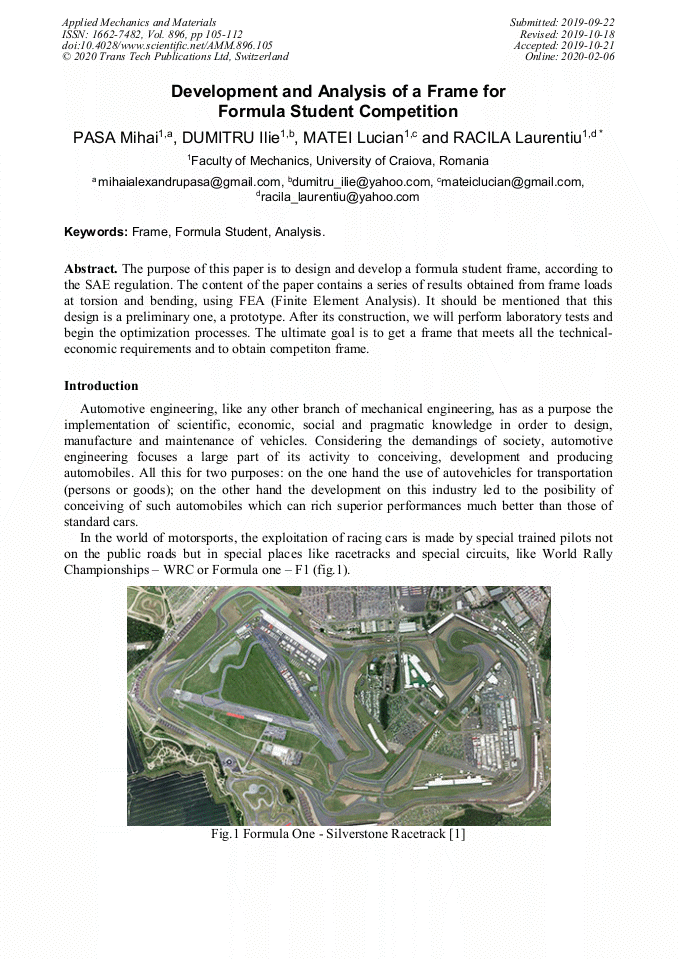 Development and Analysis of a Frame for Formula Student Competition ...