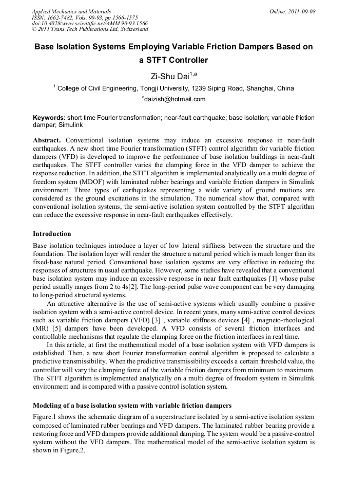 Base Isolation Systems Employing Variable Friction Dampers Based on a ...
