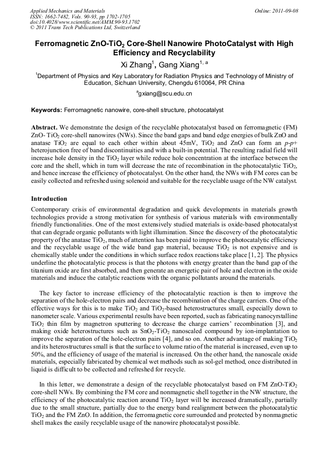 Ferromagnetic ZnO-TiO2 Core-Shell Nanowire PhotoCatalyst with High Efficiency and Recyclability ...