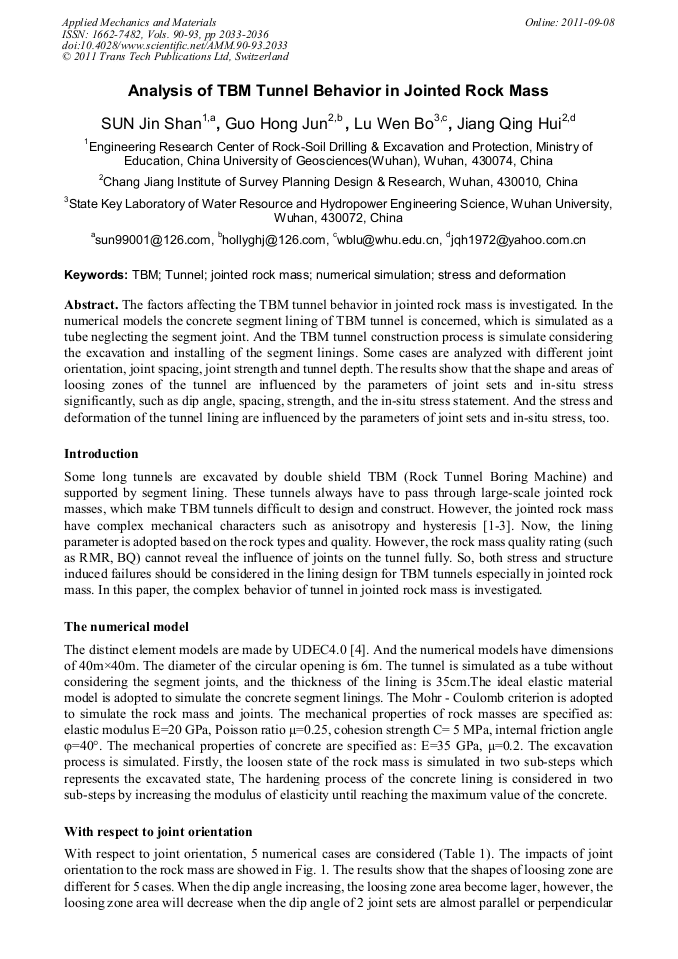 Analysis of TBM Tunnel Behavior in Jointed Rock Mass | Scientific.Net