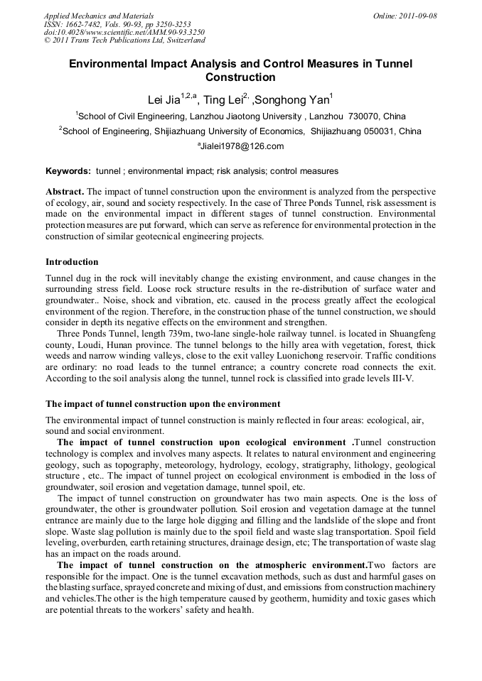 Environmental Impact Analysis and Control Measures in Tunnel ...
