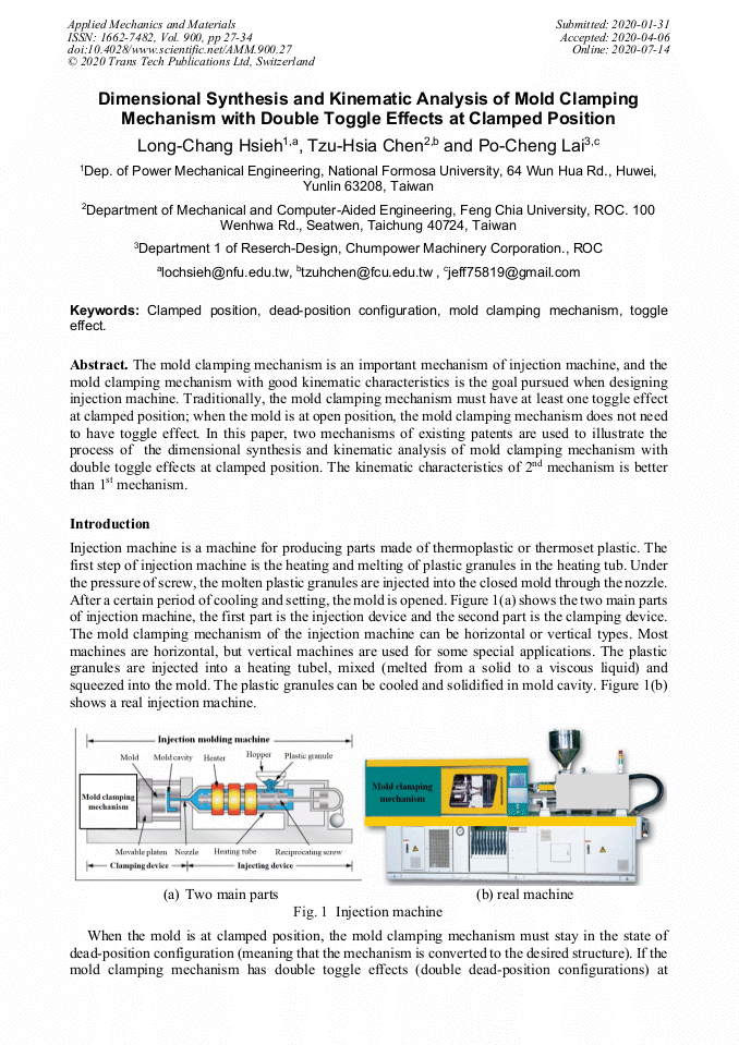 Dimensional Synthesis and Kinematic Analysis of Mold Clamping Mechanism ...