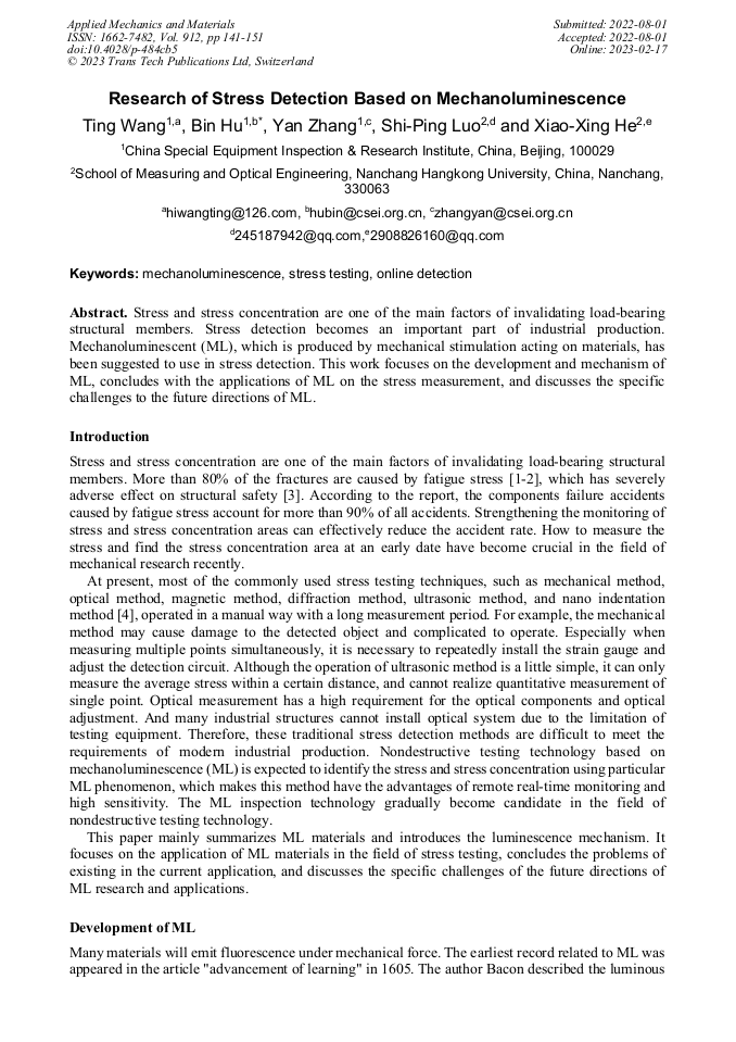 Research of Stress Detection Based on Mechanoluminescence | Scientific.Net