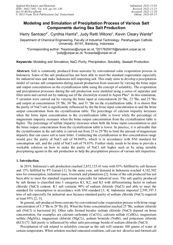 Modeling and Simulation of Precipitation Process of Various Salt ...