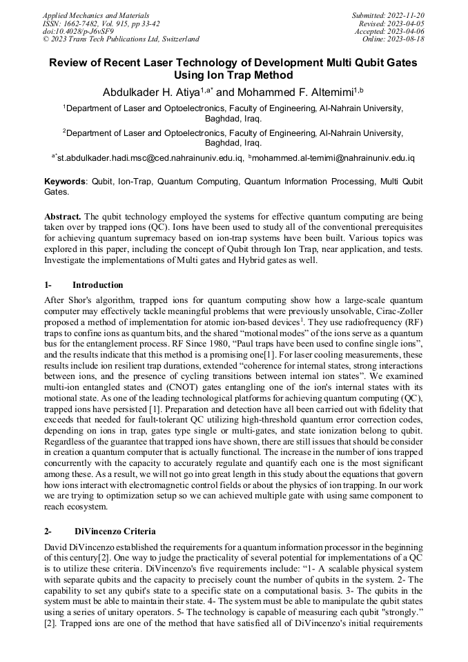 Review of Recent Laser Technology of Development Multi Qubit Gates ...