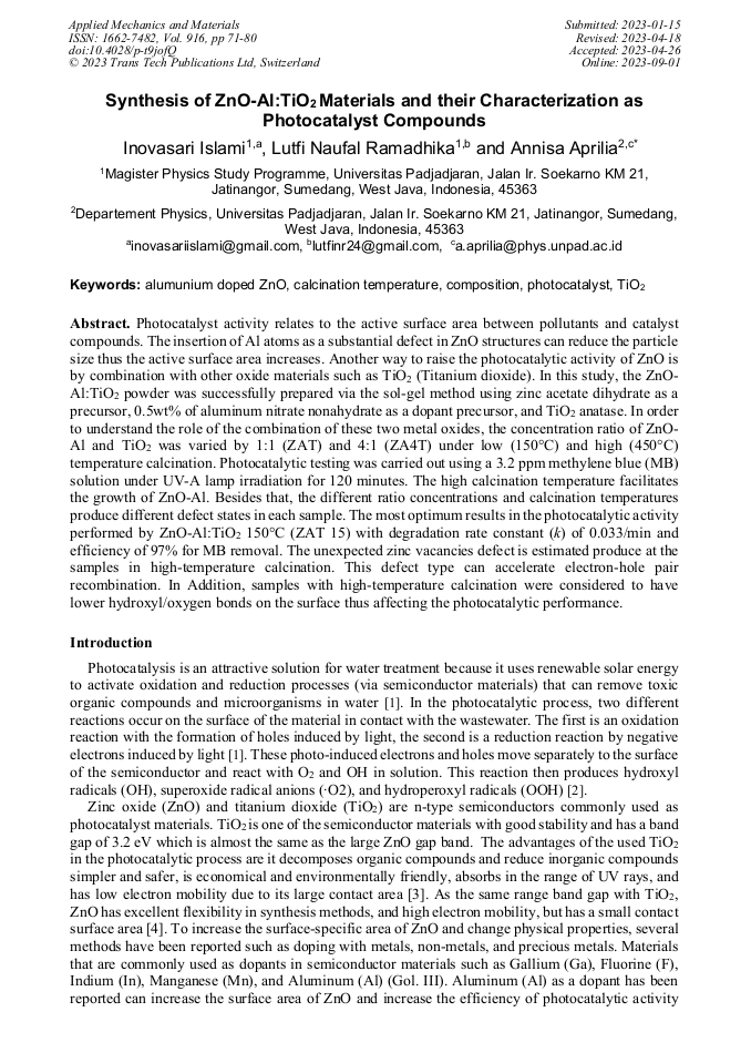 Synthesis of ZnO-Al:TiO2 Materials and their Characterization as ...