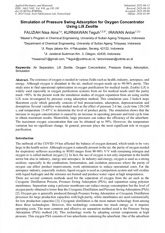 Simulation of Pressure Swing Adsorption for Oxygen Concentrator Using ...