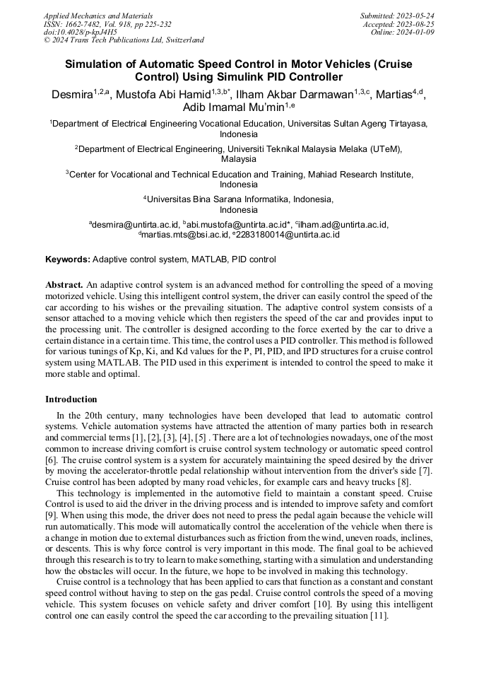Simulation of Automatic Speed Control in Motor Vehicles (Cruise Control ...