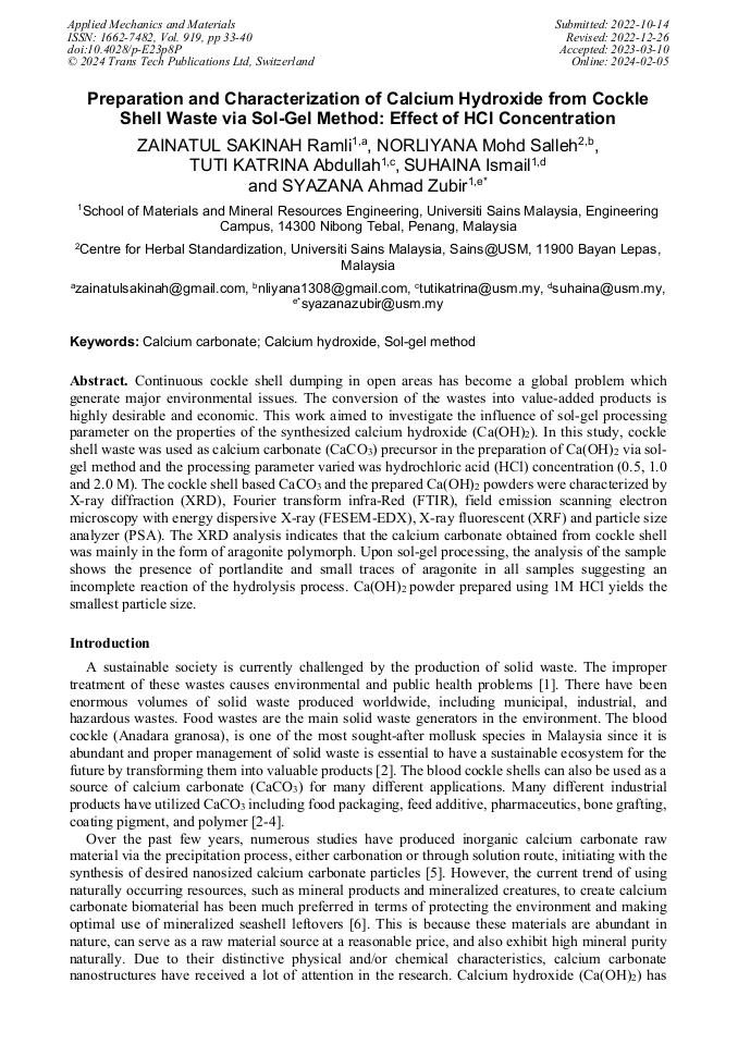 Preparation and Characterization of Calcium Hydroxide from Cockle Shell ...