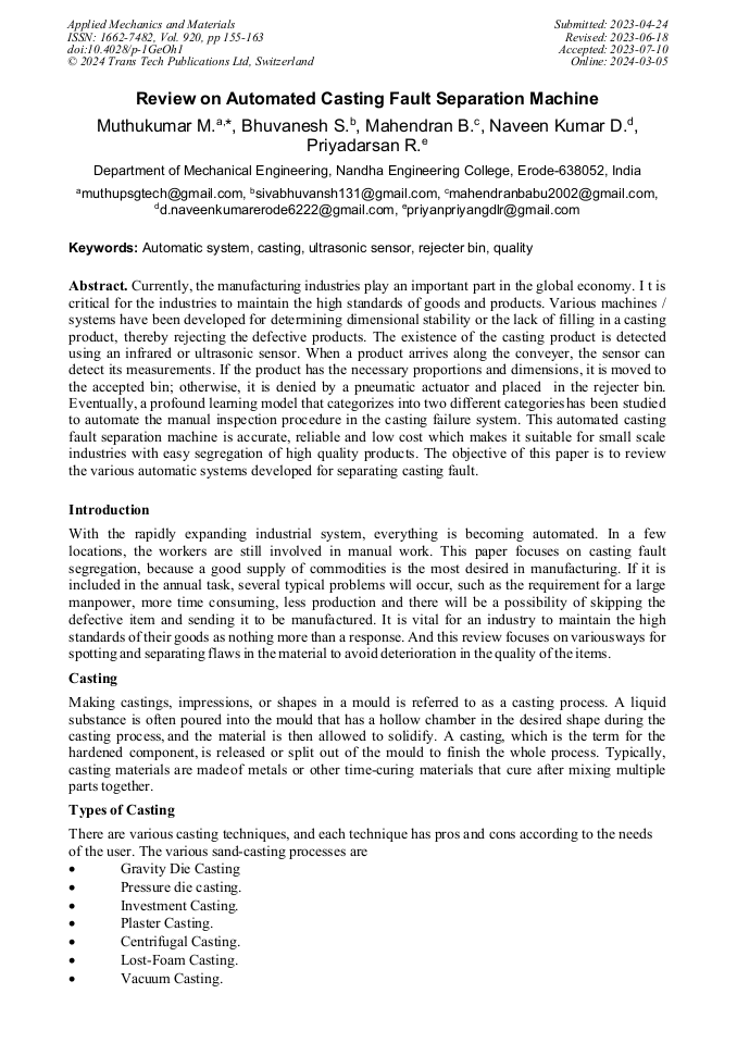 Review on Automated Casting Fault Separation Machine | Scientific.Net