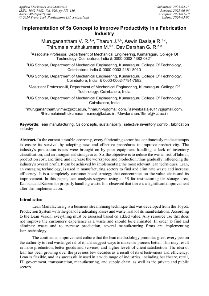 Implementation of 5s Concept to Improve Productivity in a Fabrication Industry | Scientific.Net