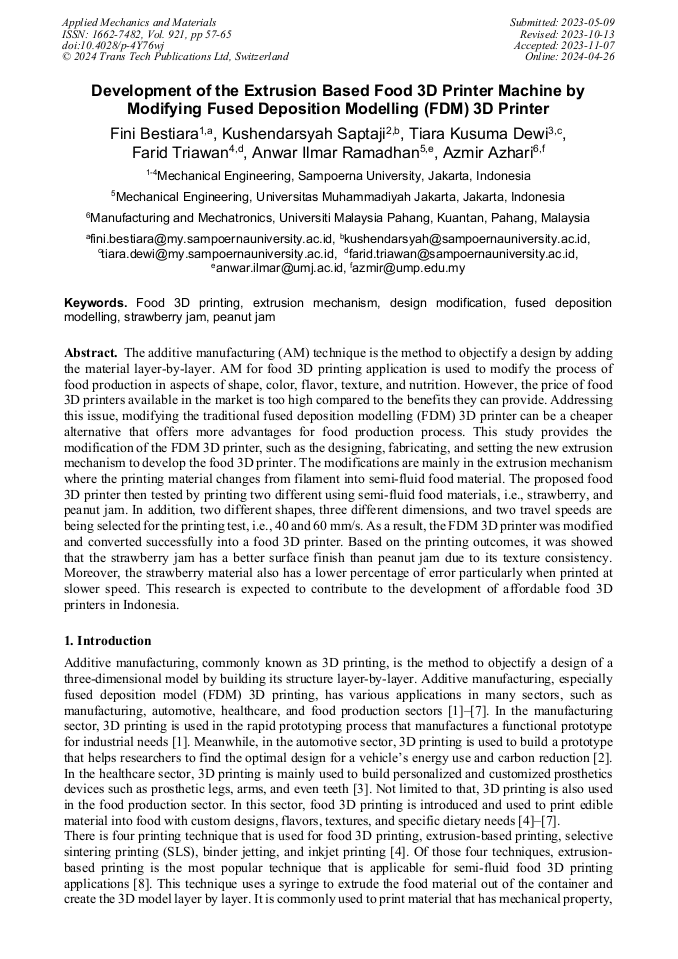 Development of the Extrusion Based Food 3D Printer Machine by Modifying ...