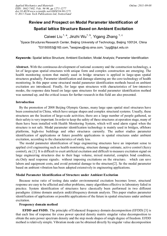 Review and Prospect on Modal Parameter Identification of Spatial Lattice Structure Based on ...