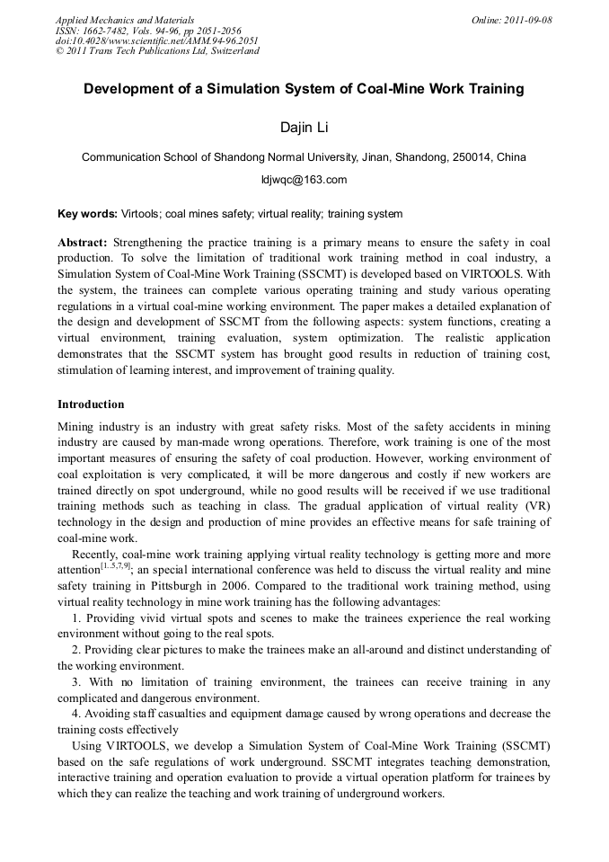 Development of a Simulation System of Coal-Mine Work Training ...