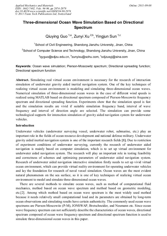 Three-Dimensional Ocean Wave Simulation Based on Directional Spectrum ...