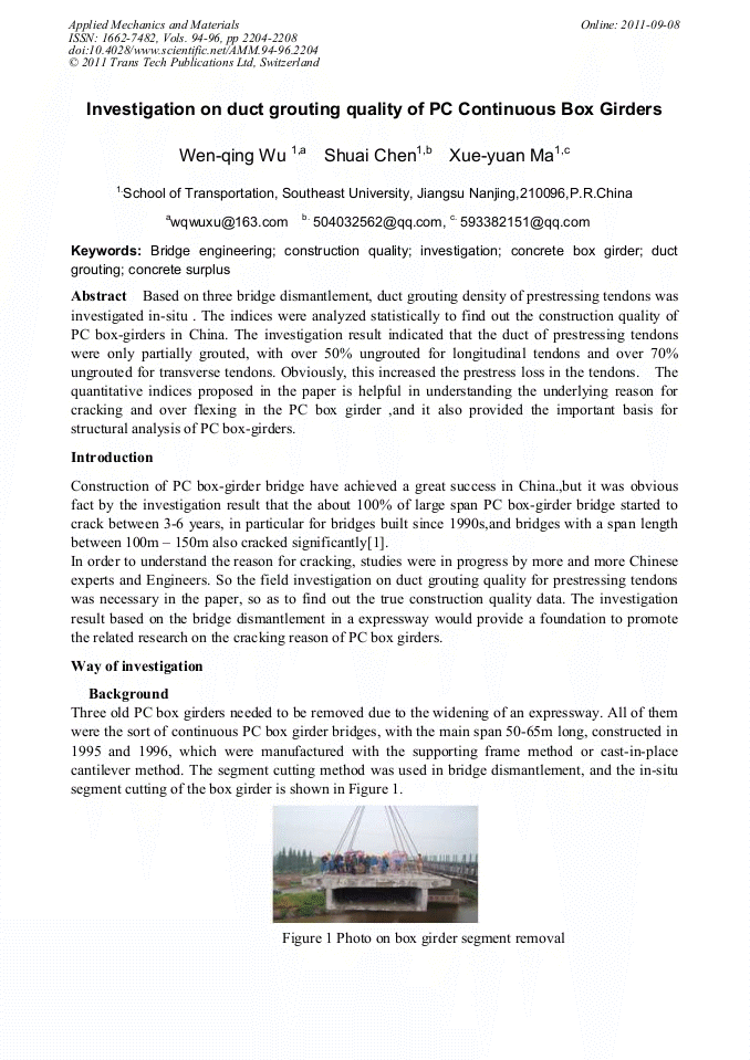 Investigation on Duct Grouting Quality of PC Continuous Box Girders ...