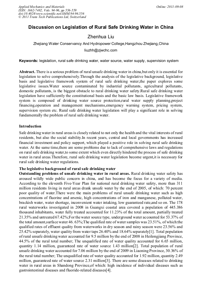 Discussion on Legislation of Rural Safe Drinking Water in China ...