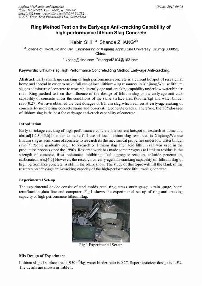 Ring Method Test on the early-Age Anti-Cracking Capability of High ...