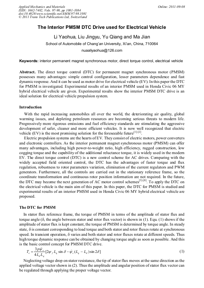 The Interior PMSM DTC Drive Used for Electrical Vehicle | Scientific.Net