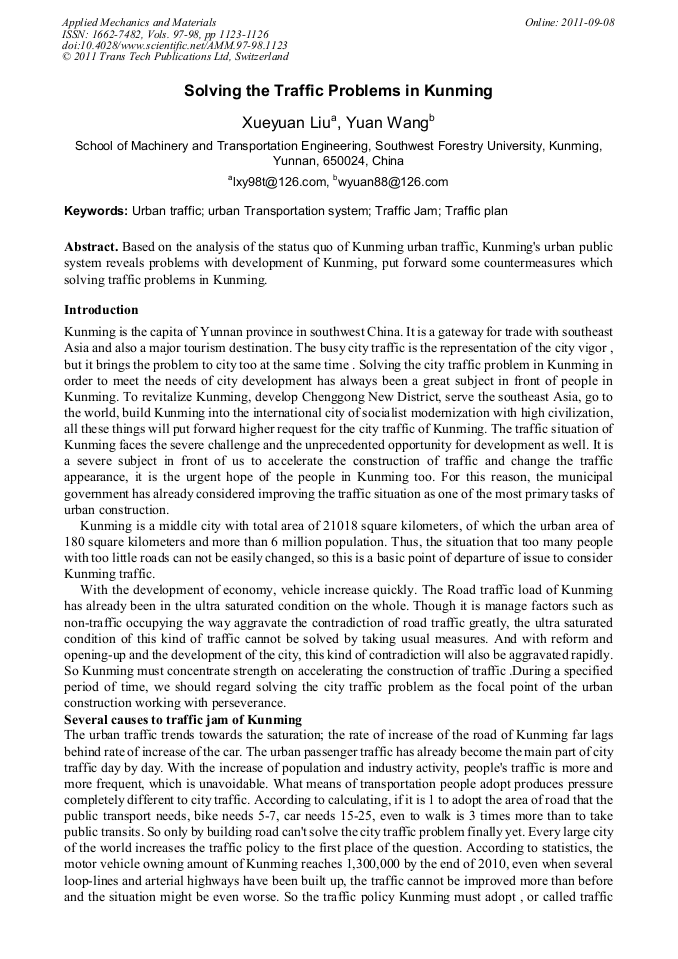 Solving the Traffic Problems in Kunming | Scientific.Net