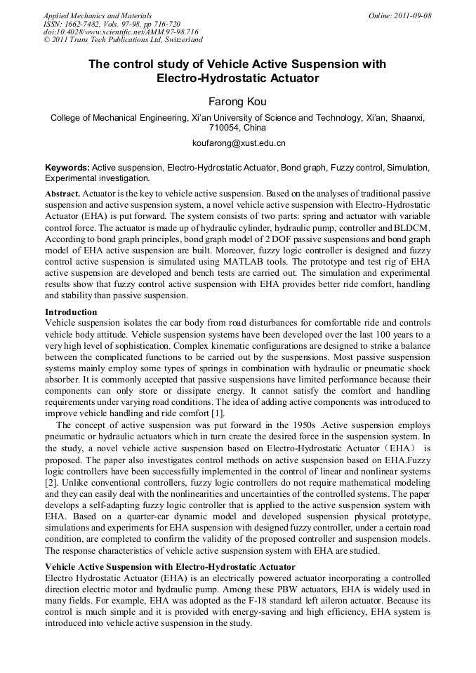 The Control Study of Vehicle Active Suspension with Electro-Hydrostatic ...