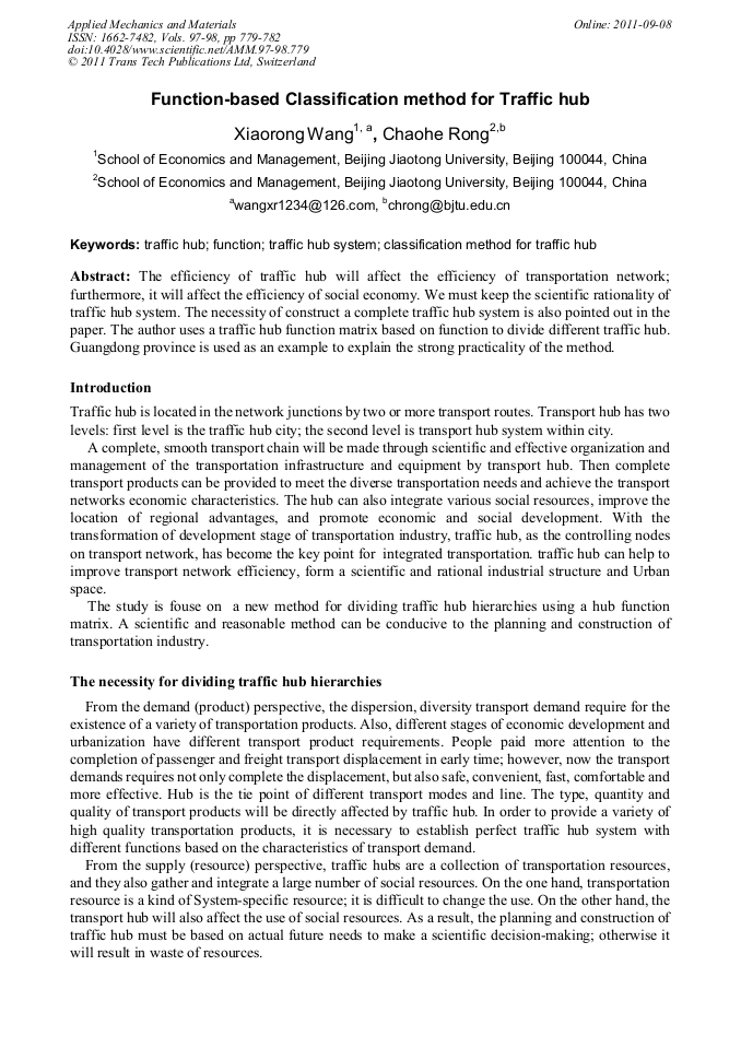 Function-Based Classification Method for Traffic Hub | Scientific.Net