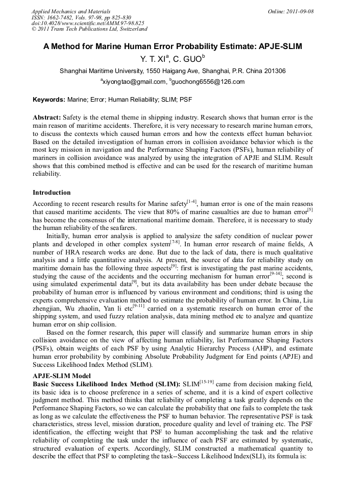 A Method for Marine Human Error Probability Estimate: APJE-SLIM ...