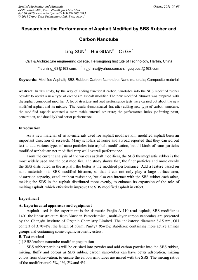 Research on the Performance of Asphalt Modified by SBS Rubber and ...