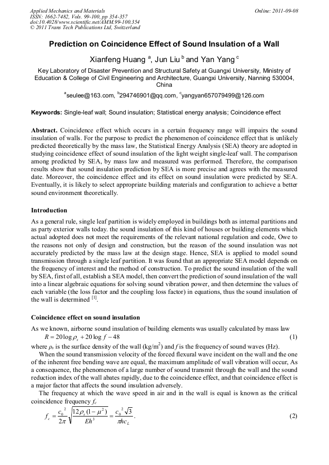 Prediction on Coincidence Effect of Sound Insulation of a Wall ...