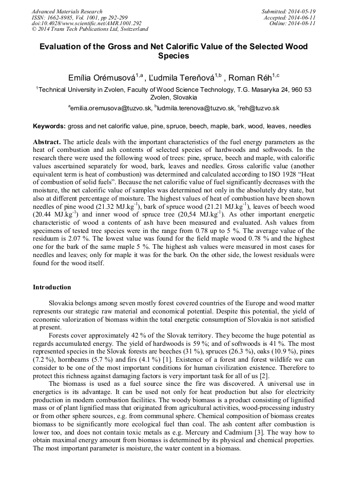 Evaluation Of The Gross And Net Calorific Value Of The Selected Wood Evaluation Of The Gross And Net Calorific Value Of The Selected Wood