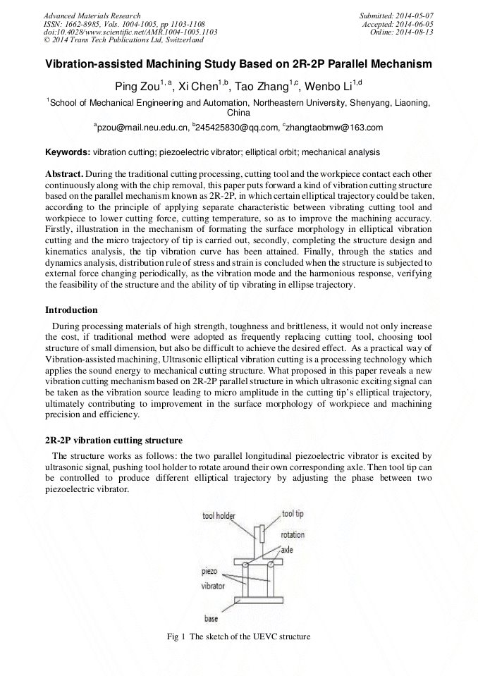 Vibration-Assisted Machining Study Based on 2R-2P Parallel Mechanism ...