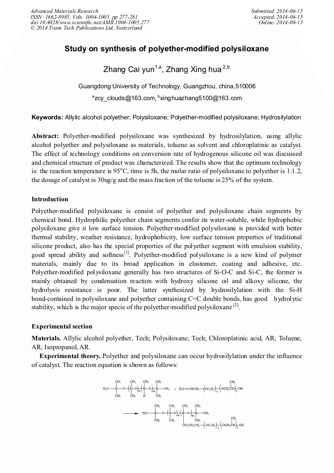 Study on Synthesis of Polyether-Modified Polysiloxane | Scientific.Net