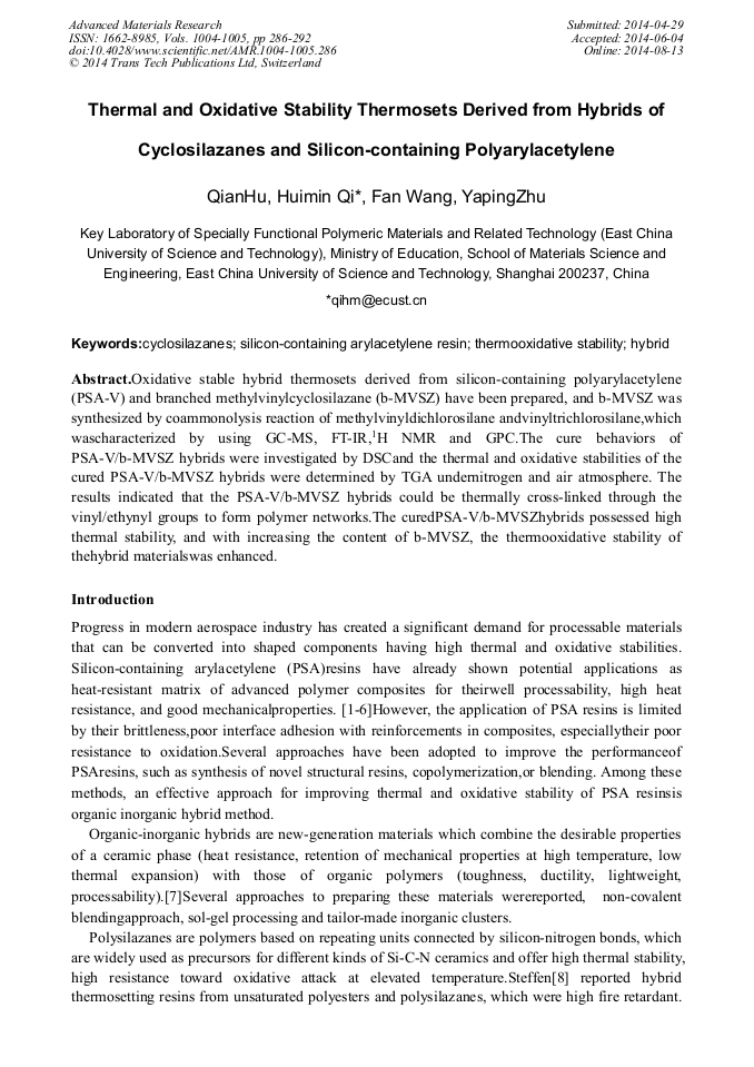 Thermal and Oxidative Stability Thermosets Derived from Hybrids of ...