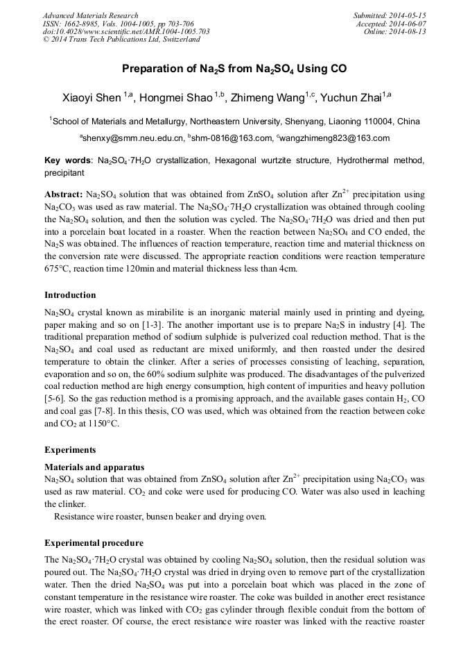Preparation of Na2S from Na2SO4 Using CO | Scientific.Net