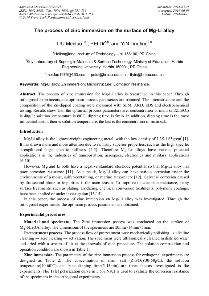 The Process of Zinc Immersion on the Surface of Mg-Li Alloy ...