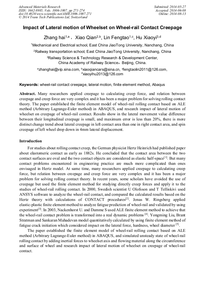 Impact of Lateral Motion of Wheelset on Wheel-Rail Contact Creepage ...