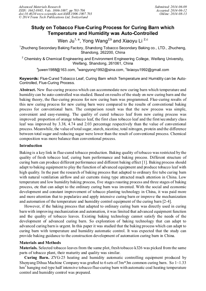 Study on Tobacco Flue-Curing Process for Curing Barn which Temperature ...