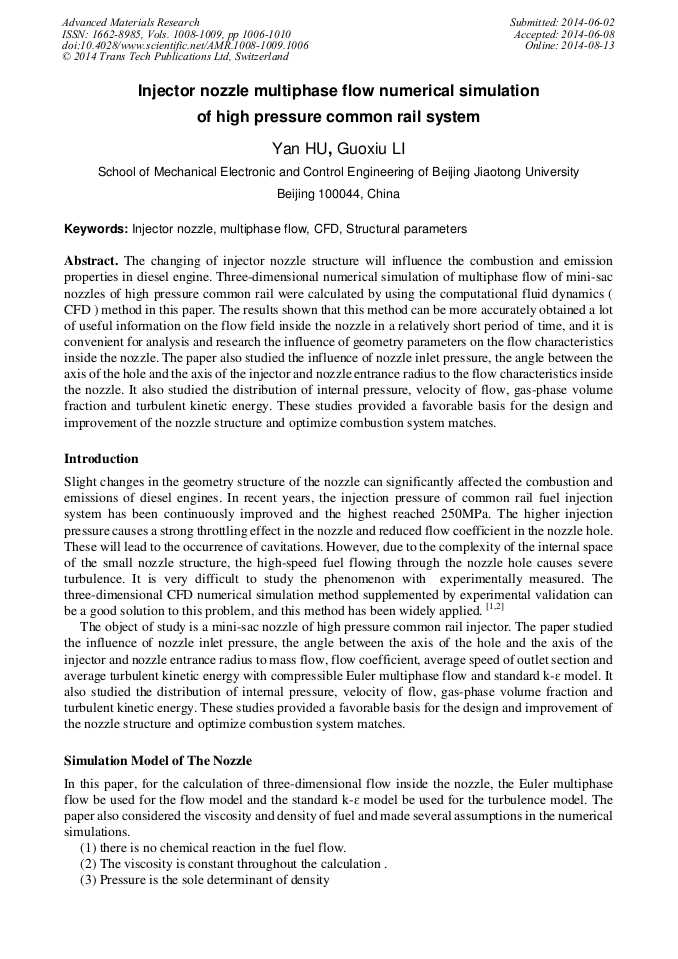 Injector Nozzle Multiphase Flow Numerical Simulation of High Pressure ...