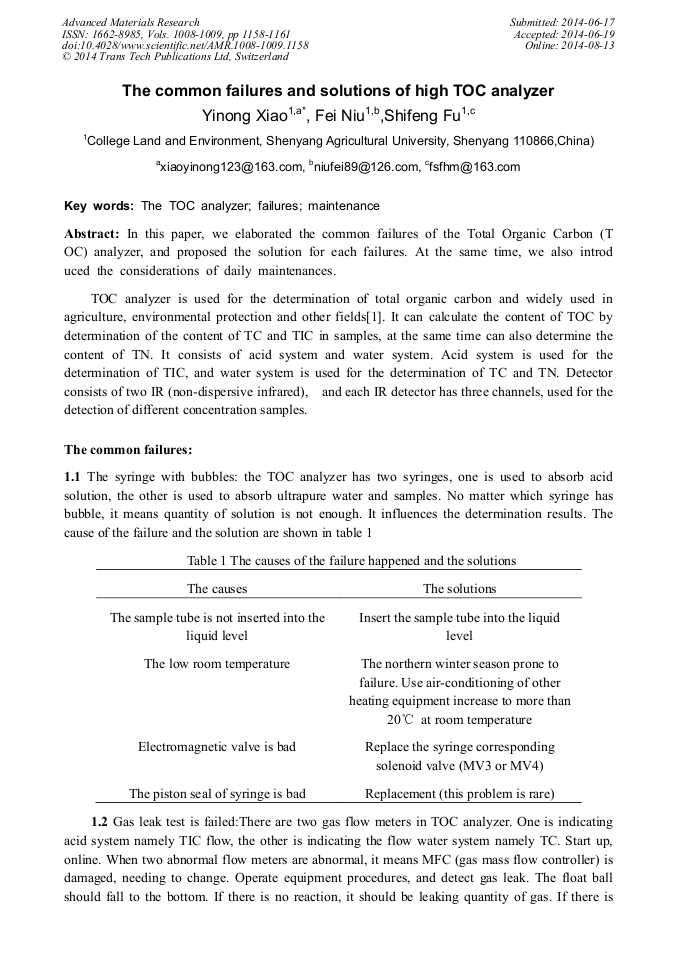 The Common Failures and Solutions of High TOC Analyzer | Scientific.Net