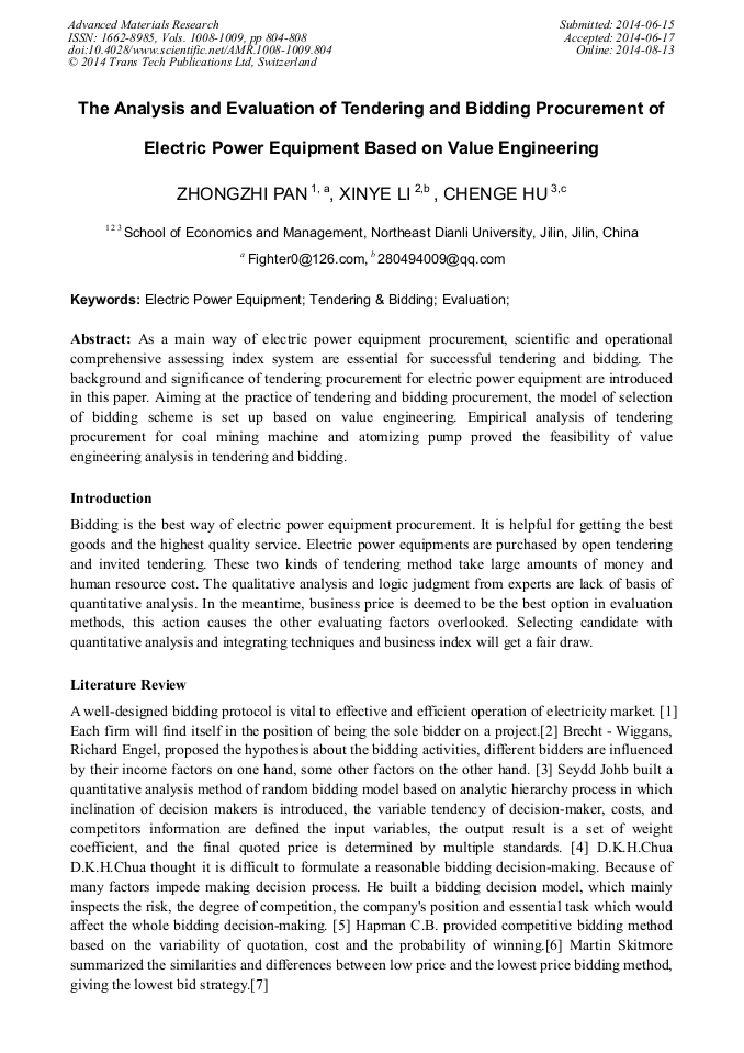 The Analysis and Evaluation of Tendering and Bidding Procurement of ...