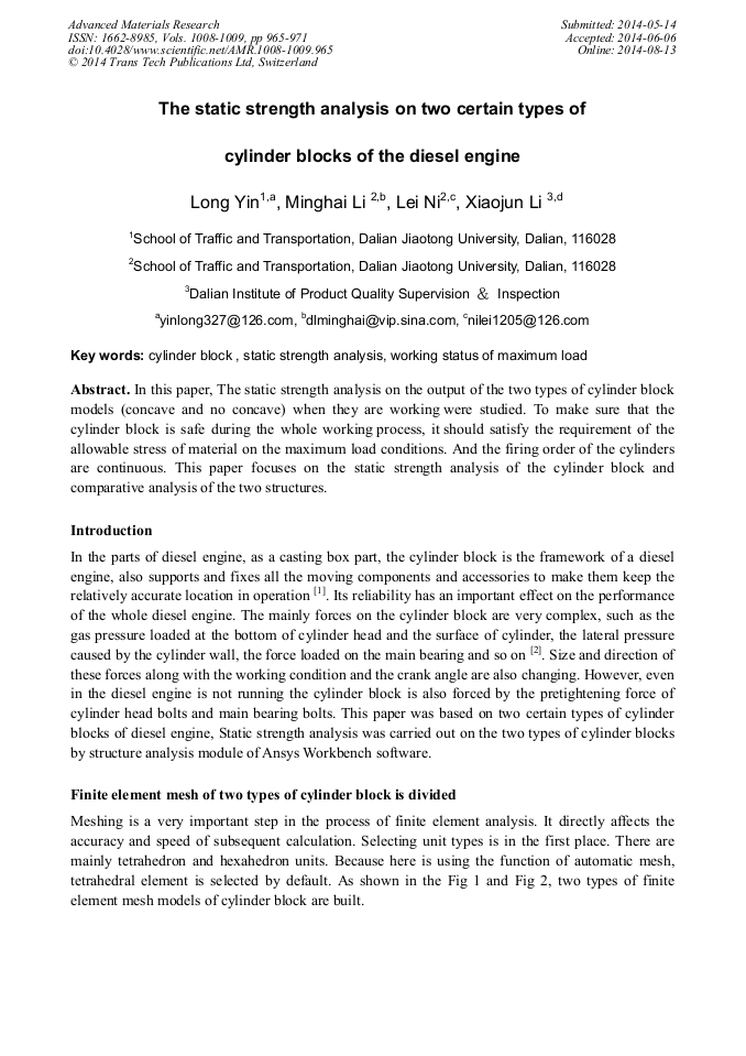 The Static Strength Analysis on Two Certain Types of Cylinder Blocks of ...