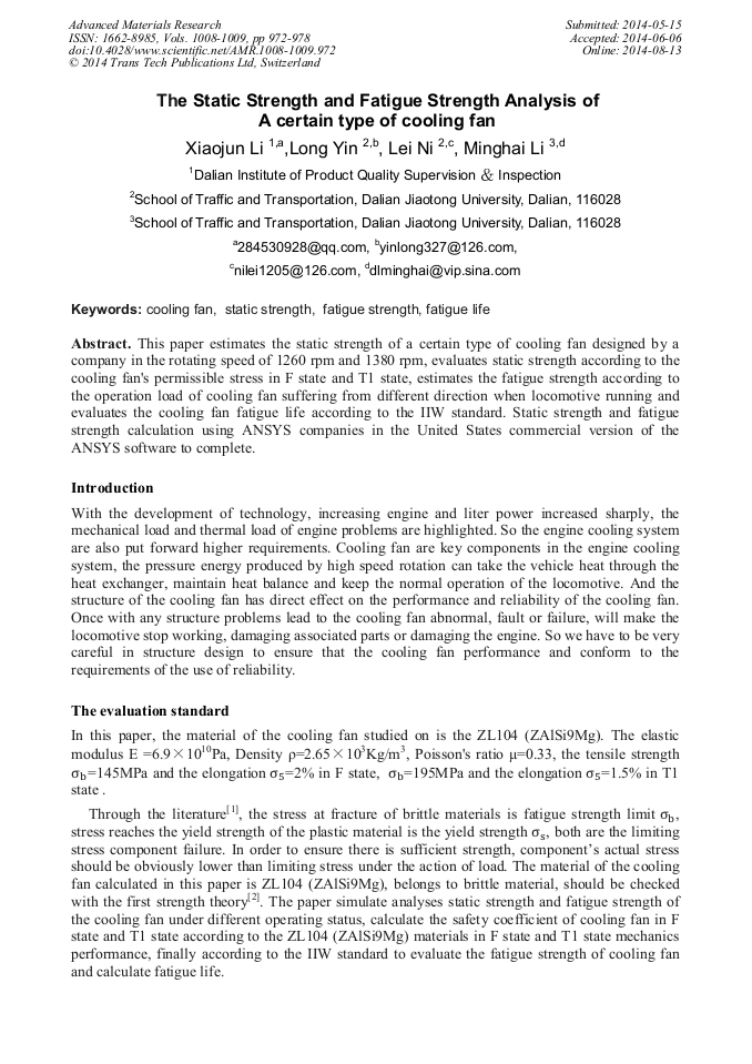 The Static Strength and Fatigue Strength Analysis of a Certain Type of ...